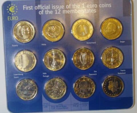 OFFICIAL ISSUE OF THE FIRST ONE EURO COINS OF THE 12 MEMBERSTATES OF EU ...