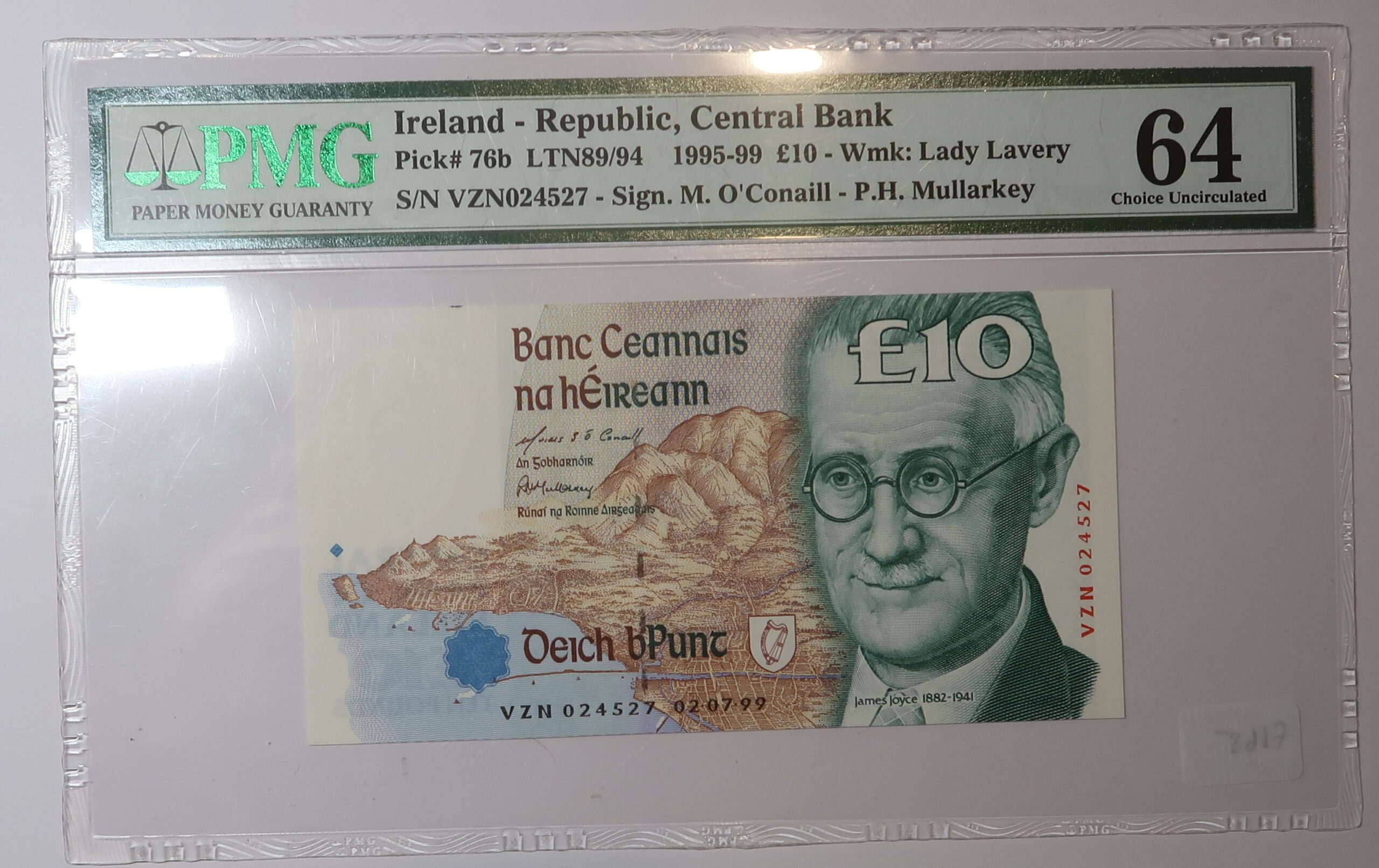 IRELAND TEN POUND NOTE 2.7.1999. C.SERIES JAMES JOYCE.GRADED 64 CHOICE ...