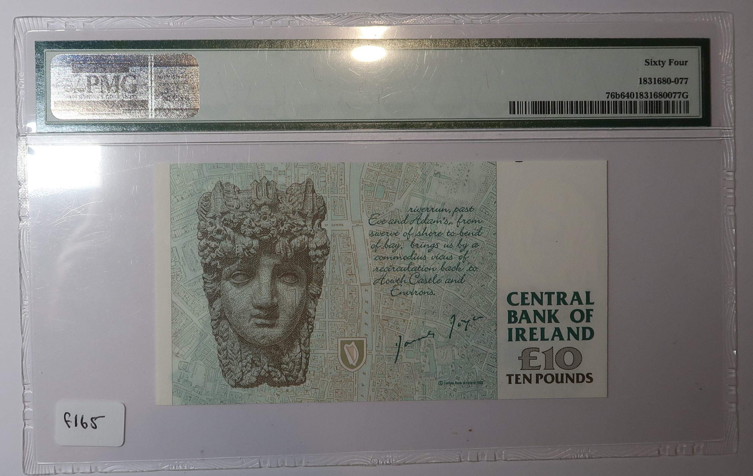 IRELAND TEN POUND NOTE 2.7.1999. C.SERIES JAMES JOYCE.GRADED 64 CHOICE ...