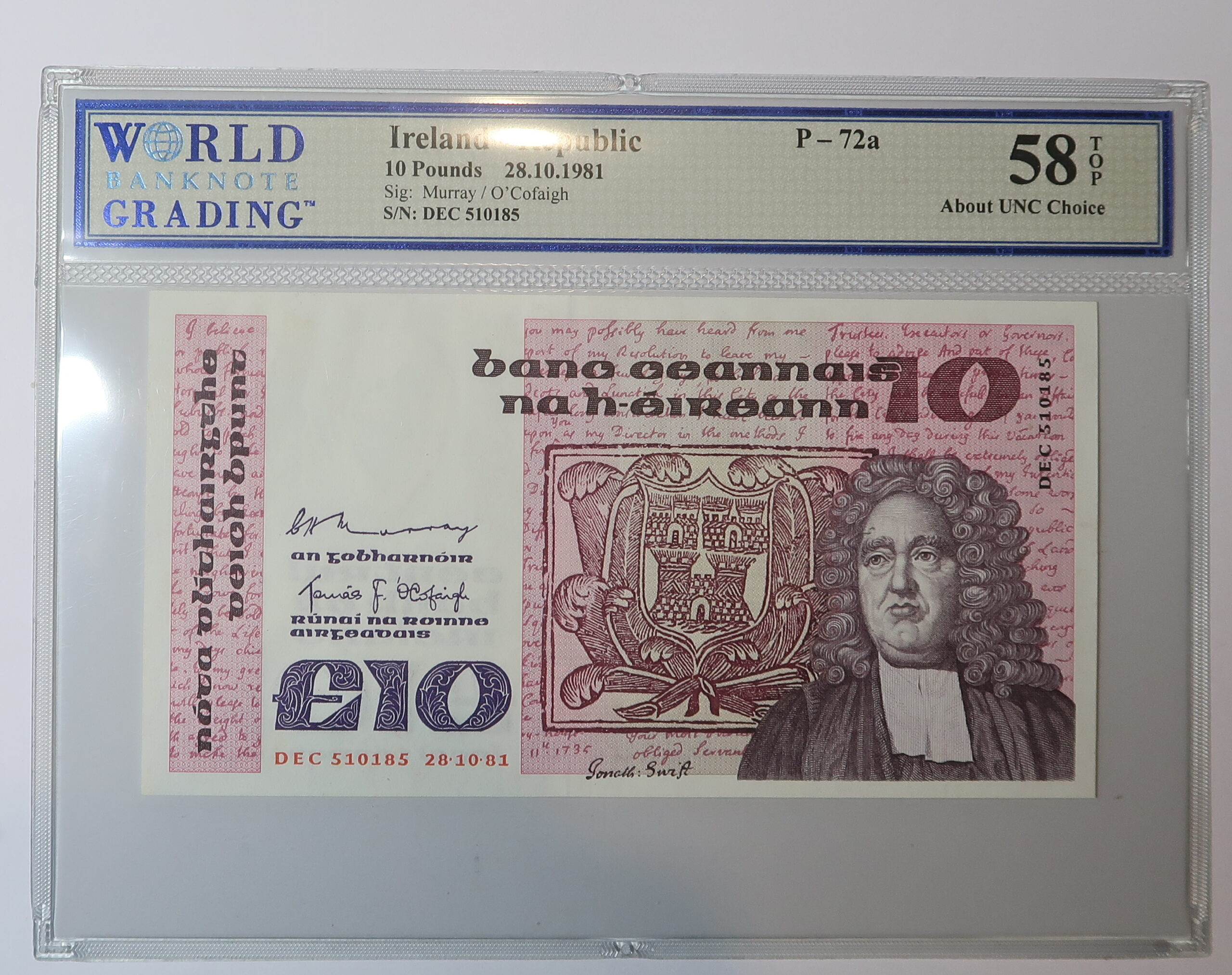 IRELAND TEN POUND NOTE DATED 28.10.1981. GRADED 58 TOP. ABOUT UNC ...